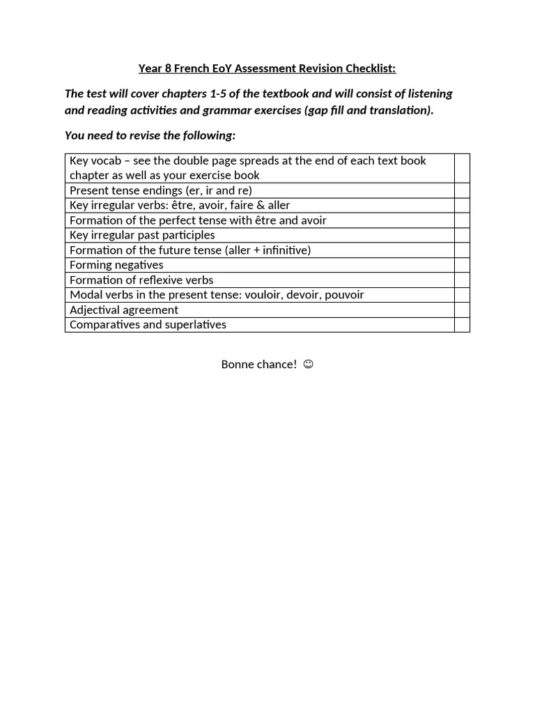 Year 8 French Revision Checklist | PDF
