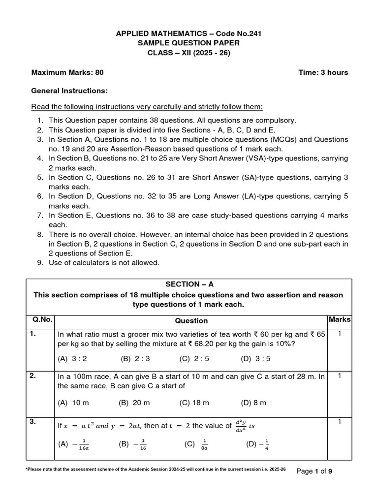 Class XII Applied Mathematics Sample Paper | PDF