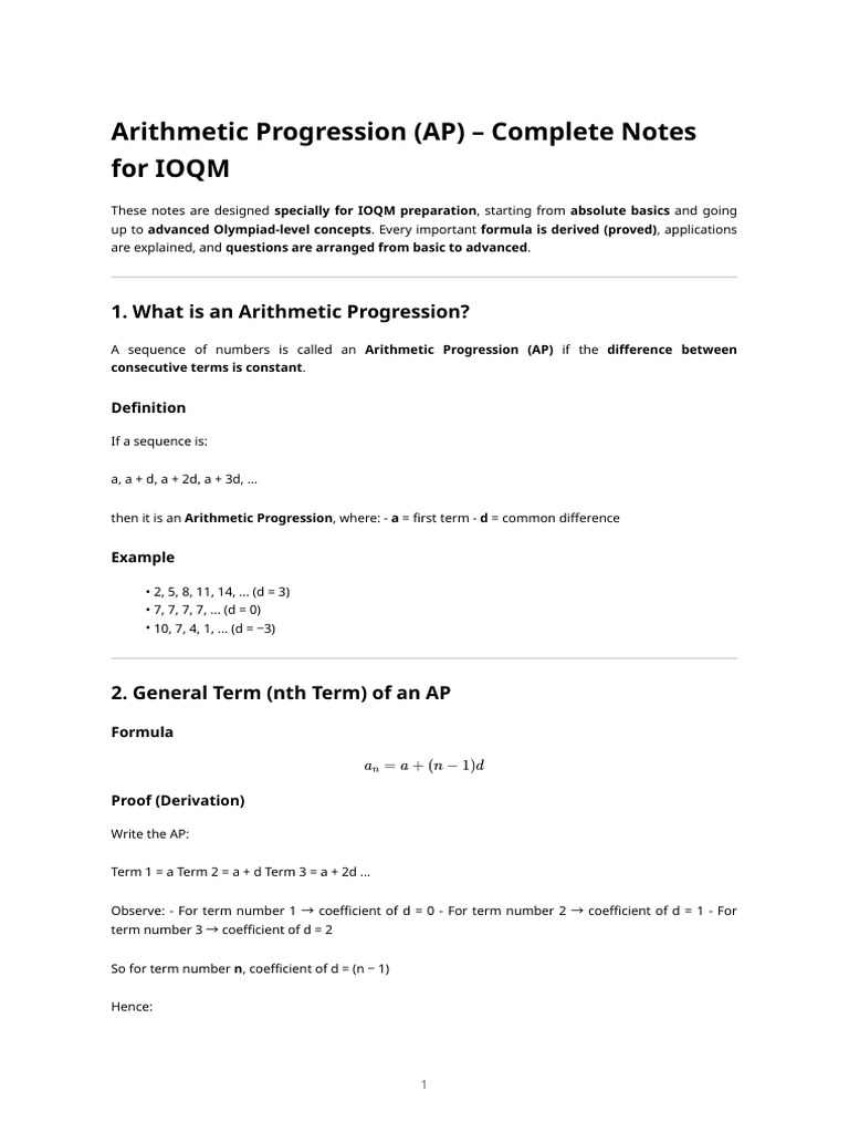 Arithmetic Progression (AP) – Complete Ioqm Notes | PDF | Numbers | Average