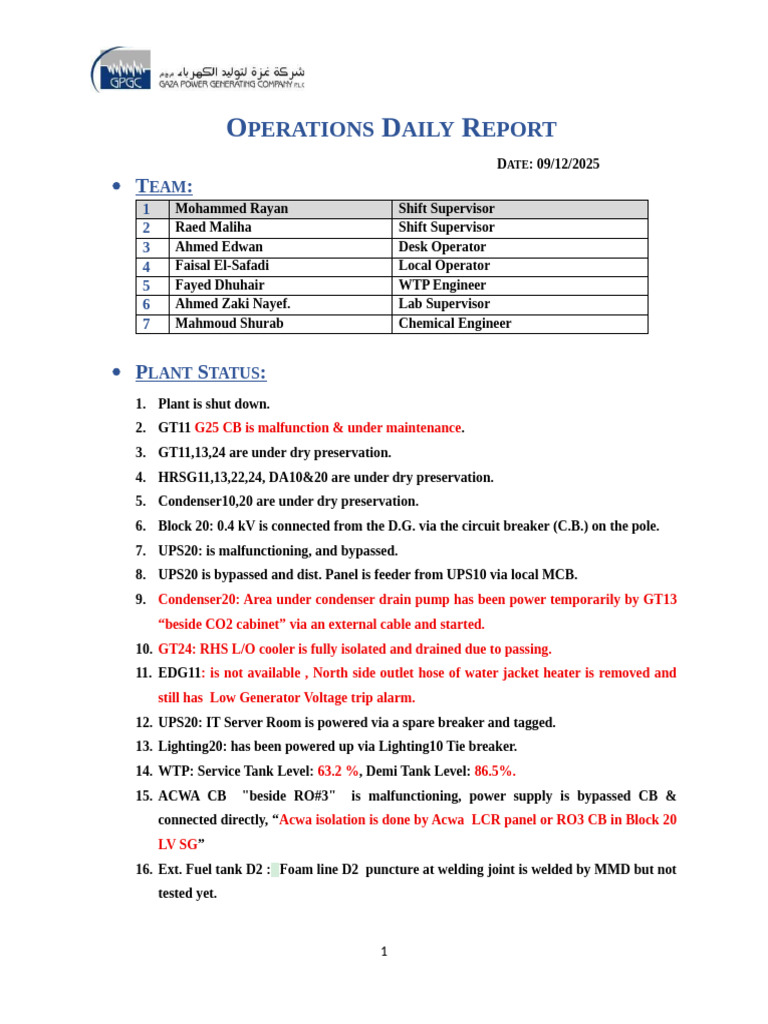 Daily Operations Report - Plant Status Update | PDF | Electric Power ...