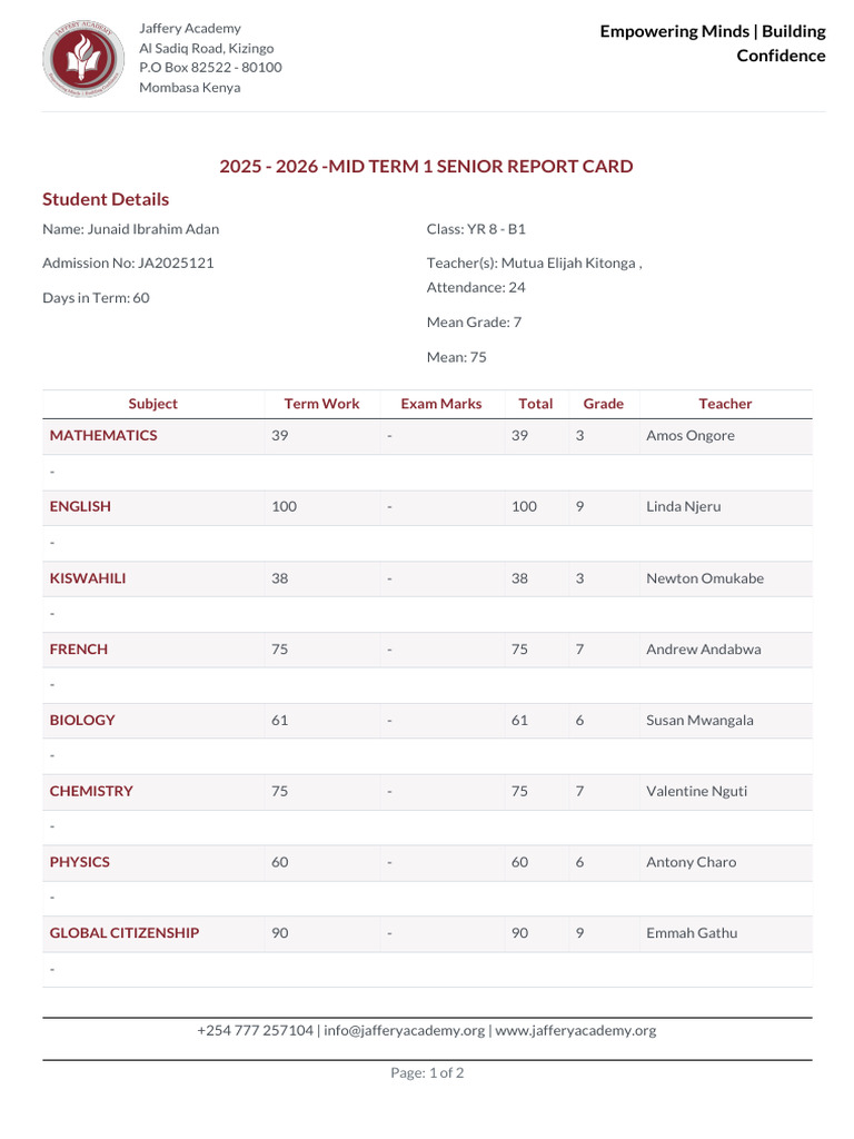 2025-2026 YR 8 Mid Term Report Card | PDF