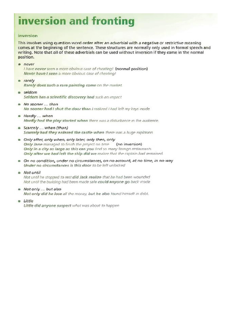 Inversion and Fronting (Grammar Textbook) | PDF