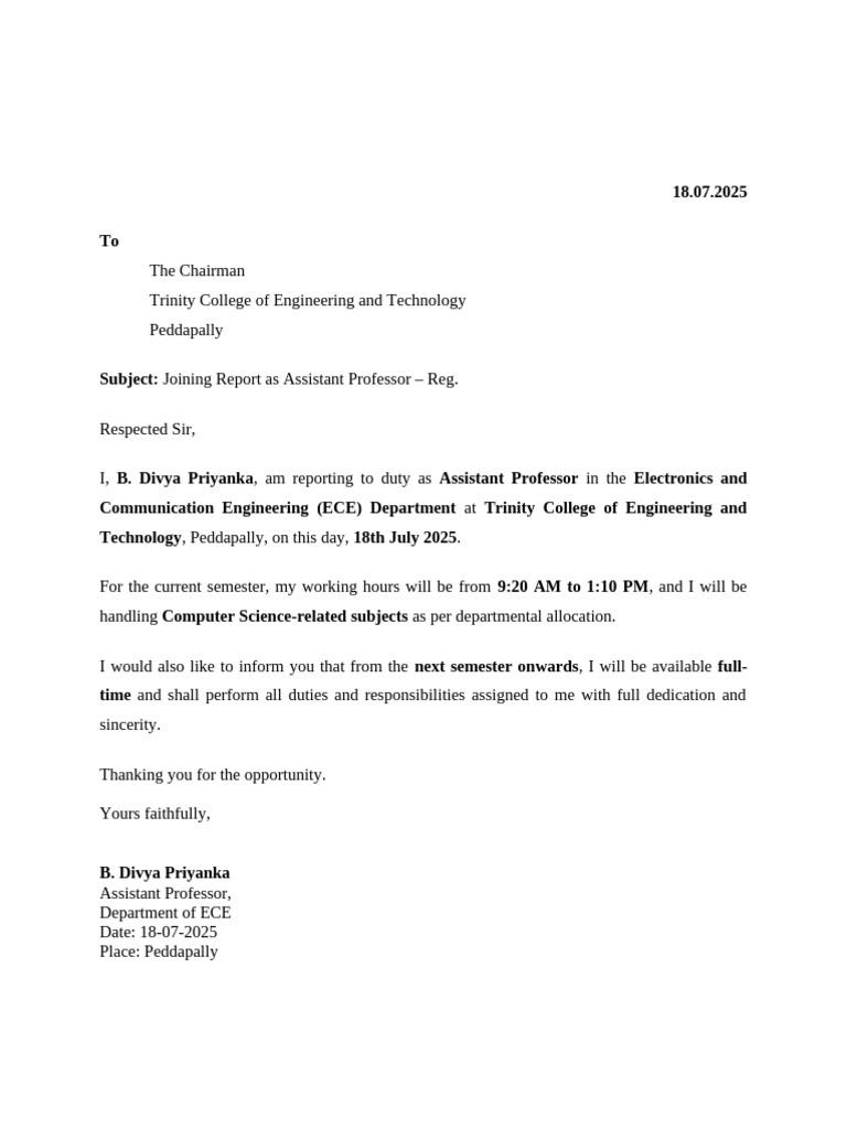 Joining Report: Assistant Professor ECE | PDF