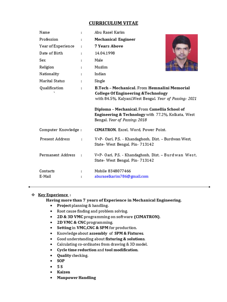 Abu Rasel Karim Resume-25 (1) (1) | PDF | Mechanical Engineering | Metalworking
