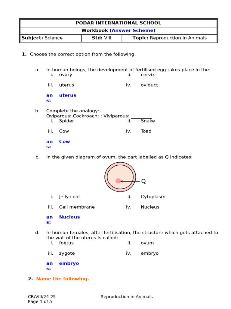 Science Workbook: Animal Reproduction | PDF | Fertilisation | Reproduction