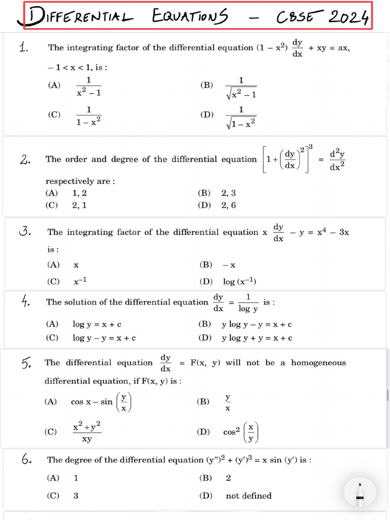 Differential Equations - Cbse 2024 | PDF