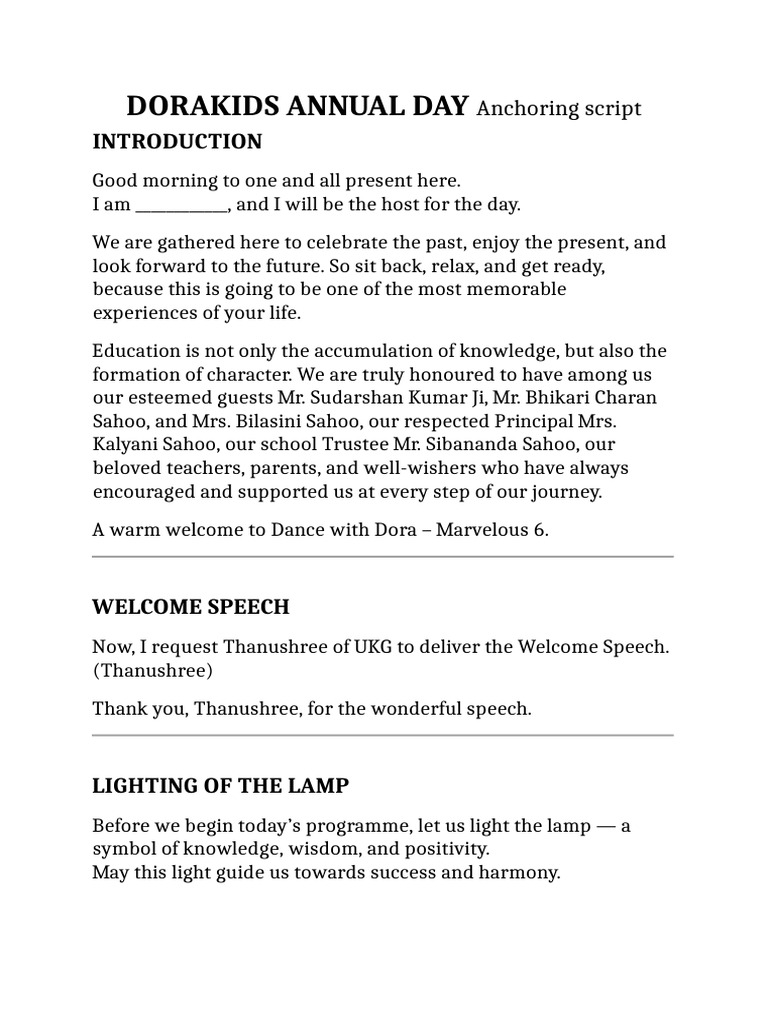 DORAKIDS Annual Day Anchoring Script | PDF