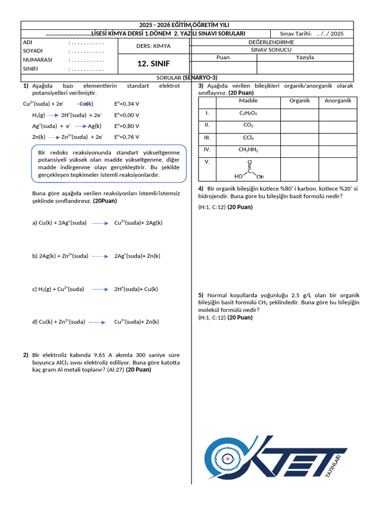 OKTET - 12. Sınıf 1. Dönem 2. Sınav (Kolay-Orta) | PDF