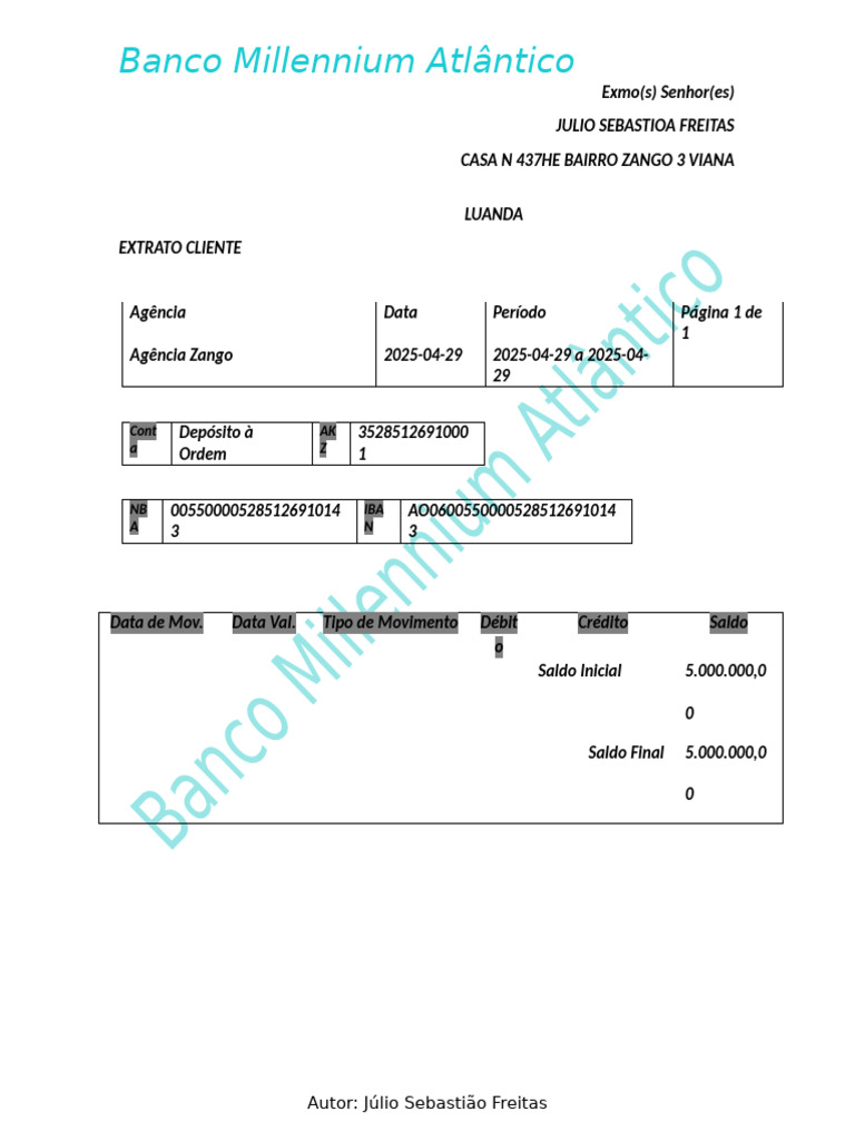 Extrato Bancário - Banco Millennium Atlântico | PDF