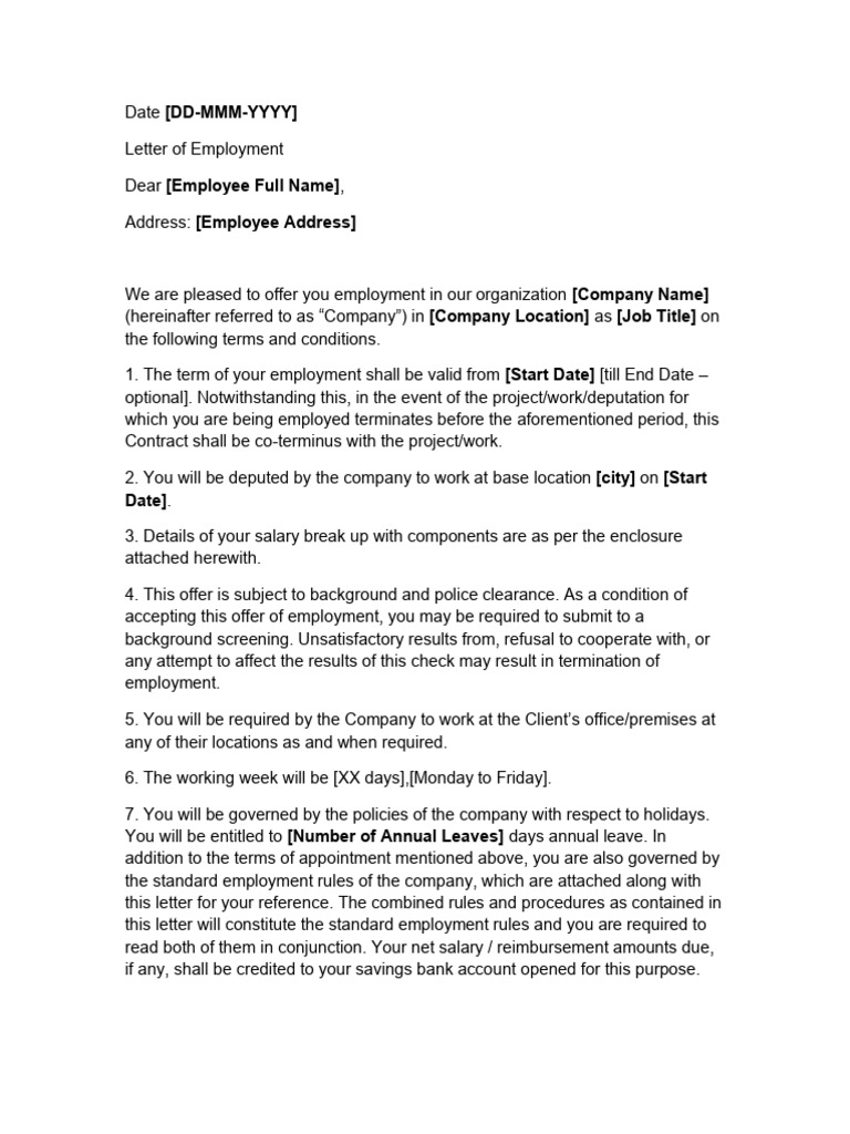 Employment Offer Letter Template | PDF | Indemnity | Employment