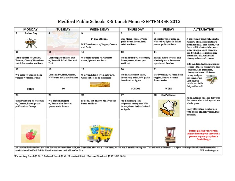 September 2012 Elementary Lunch Menu | PDF