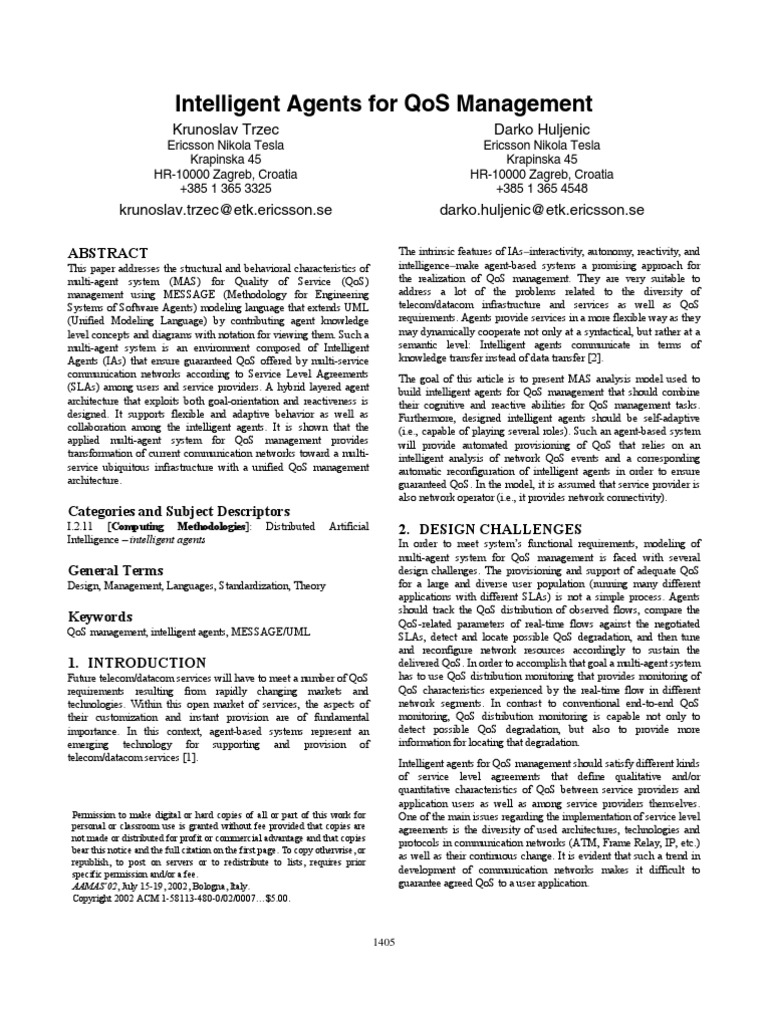 Intelligent Agents For QoS Management | PDF | Quality Of Service | Unified Modeling Language