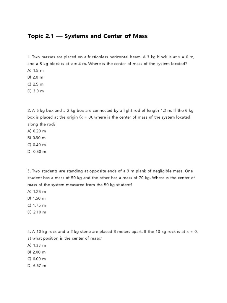 Center of Mass Calculations and Problems | PDF | Mass | Center Of Mass