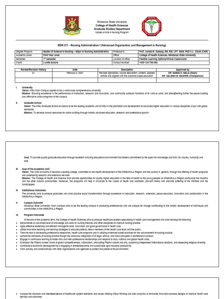 MSN 211 Nursing Administration 1 Advanced Organization Management in ...