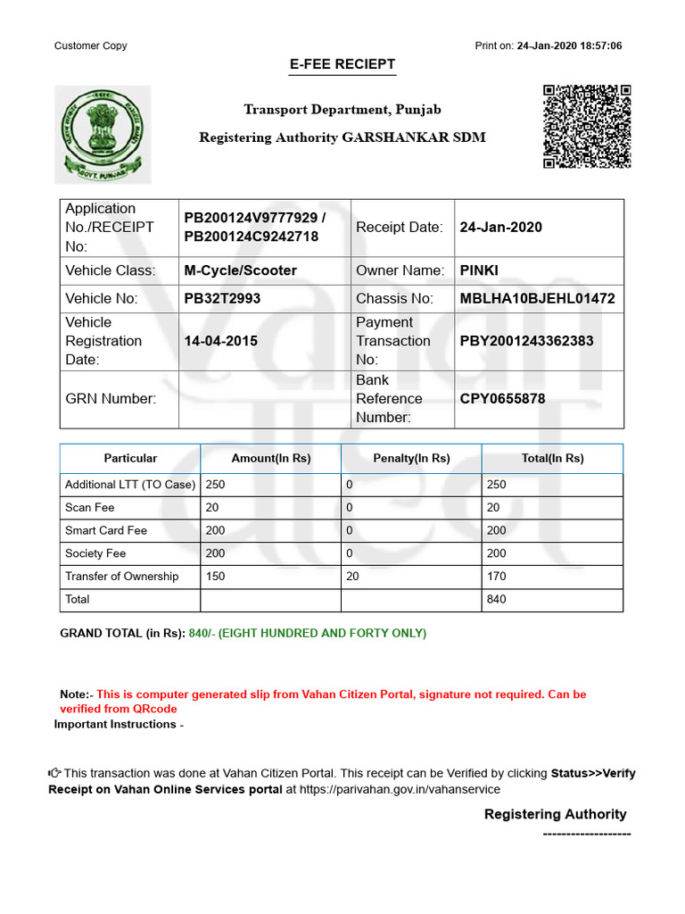 Punjab Vehicle Registration Receipt | PDF
