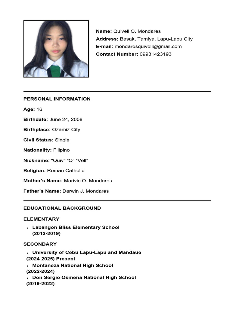 Quivell O. Mondares: Personal Profile | PDF
