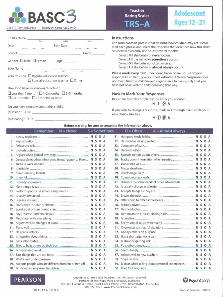 BASC-3 Teacher Rating Scales - Adolescent Ages 12-21 | PDF