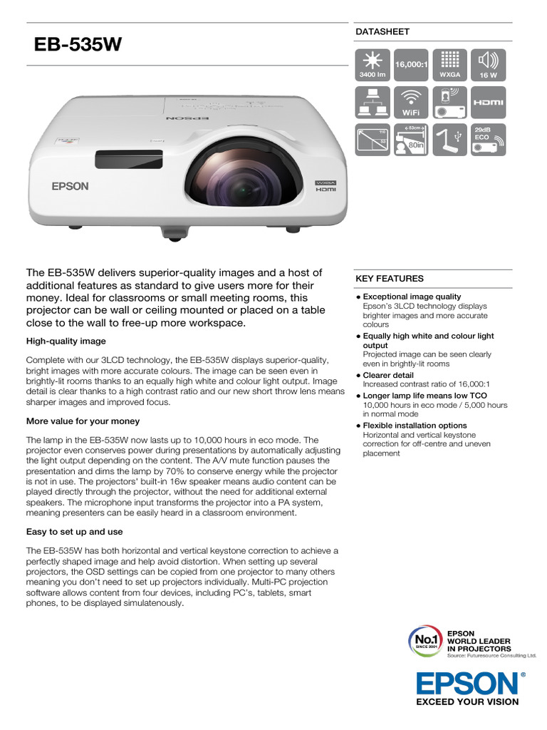 Epson EB-535W Projector Datasheet | PDF | Display Resolution ...