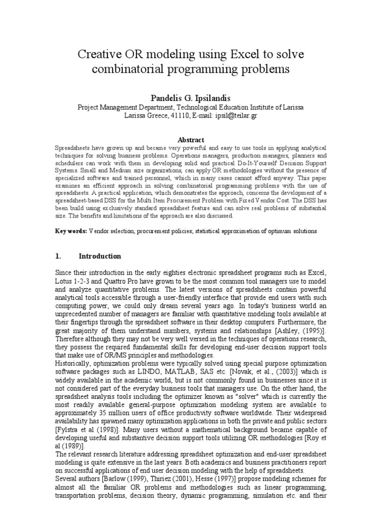 Creative OR Modeling Using Excel To Solve Combinatorial Programming ...