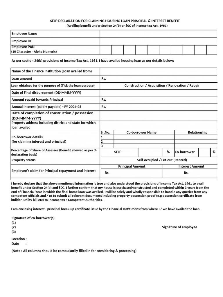 Housing Loan Benefit Self-Declaration Form | PDF | Loans | Taxes
