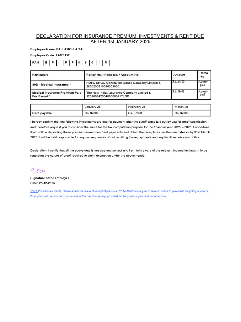 Insurance Premium and Rent Declaration 2026 | PDF | Insurance | Receipt