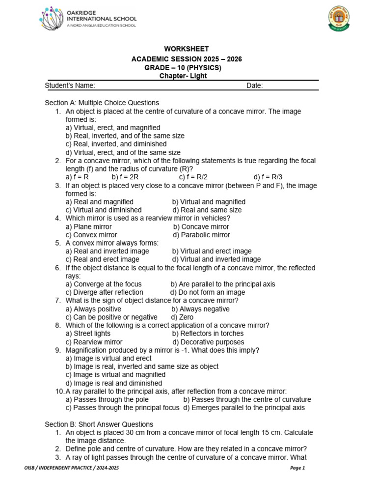 Grade 10 Physics: Light Worksheet | PDF | Mirror | Glass Engineering ...