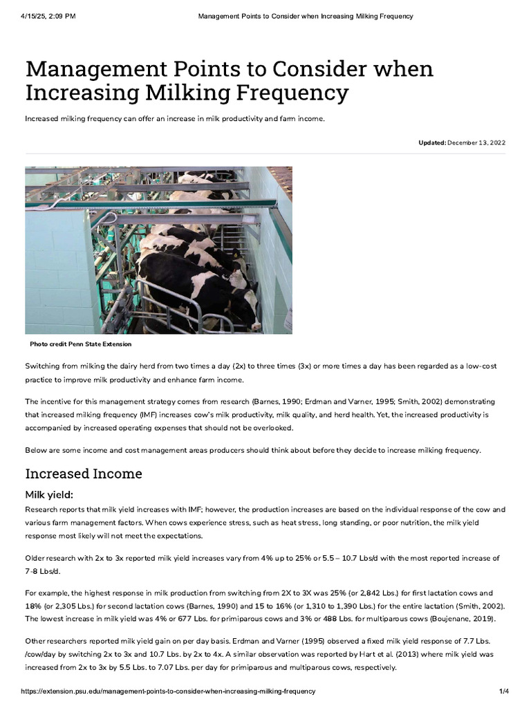 Management Points To Consider When Increasing Milking Frequency | PDF