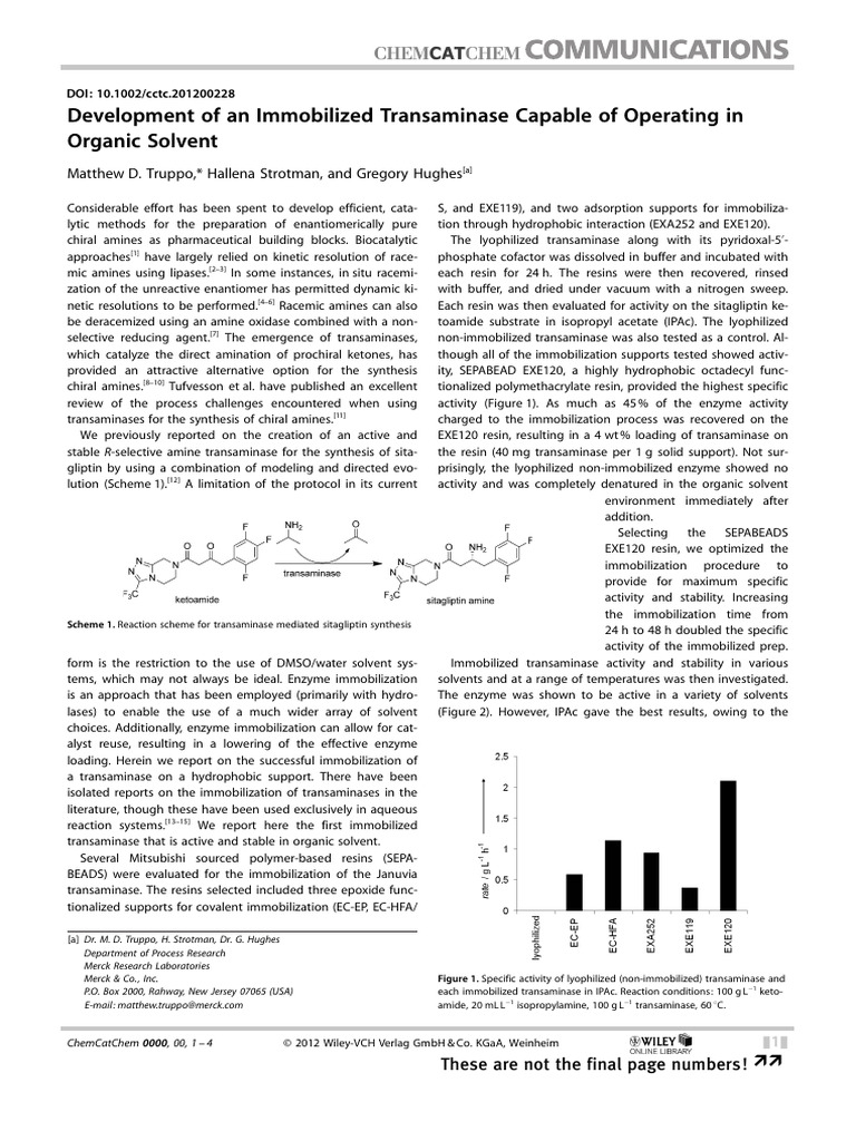 Immobilized Transaminase in Organic Solvent | PDF | Organic Chemistry ...