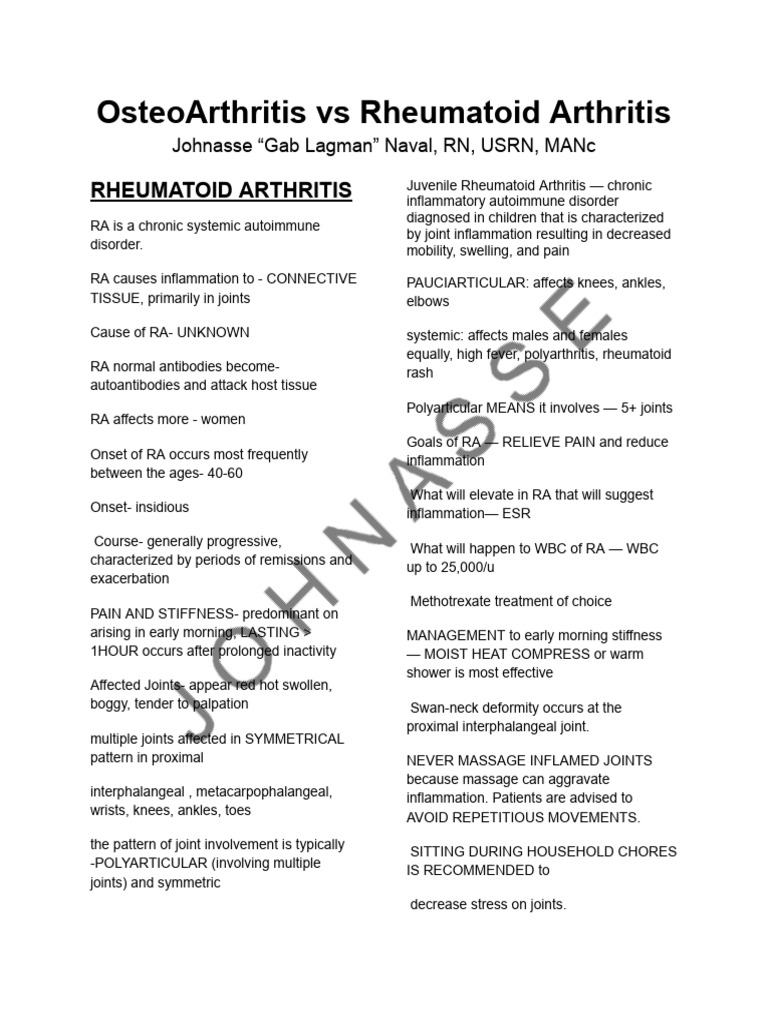 DEC 4 EVE - RA vs OA Handouts | PDF | Rheumatoid Arthritis | Arthritis