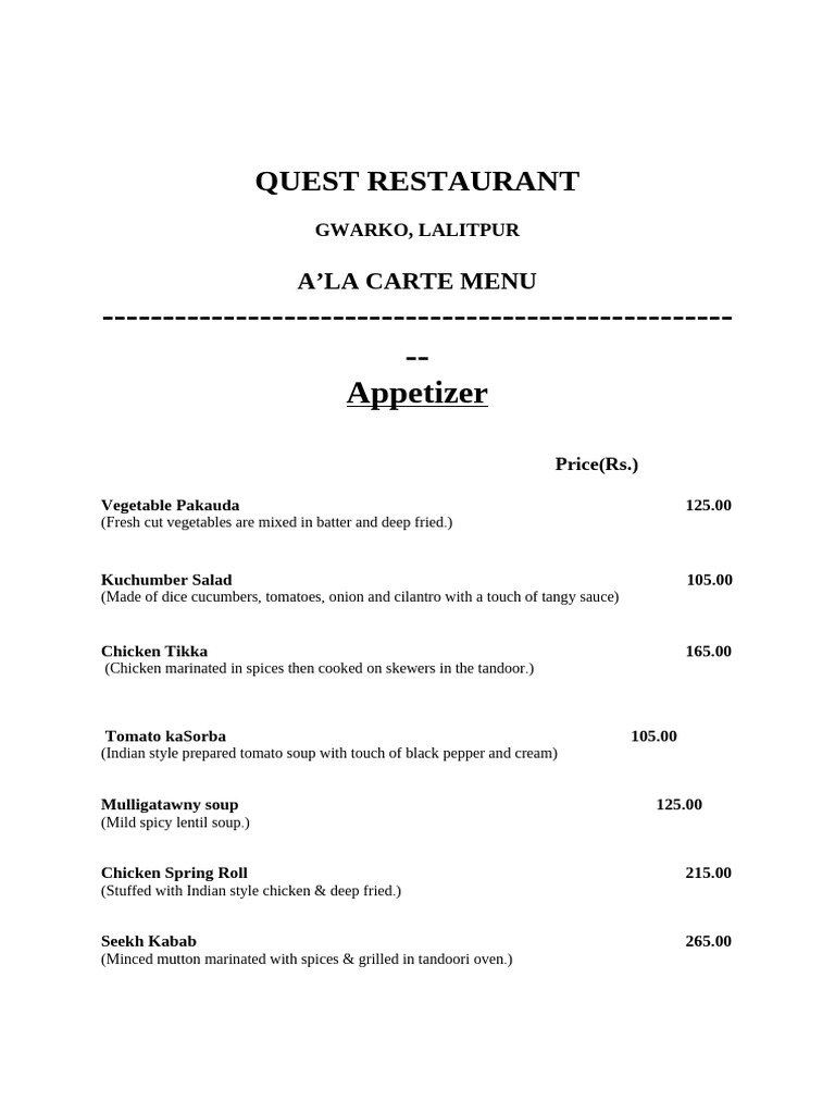 Quest Restaurant A'la Carte Menu | PDF | Desserts | Food And Drink