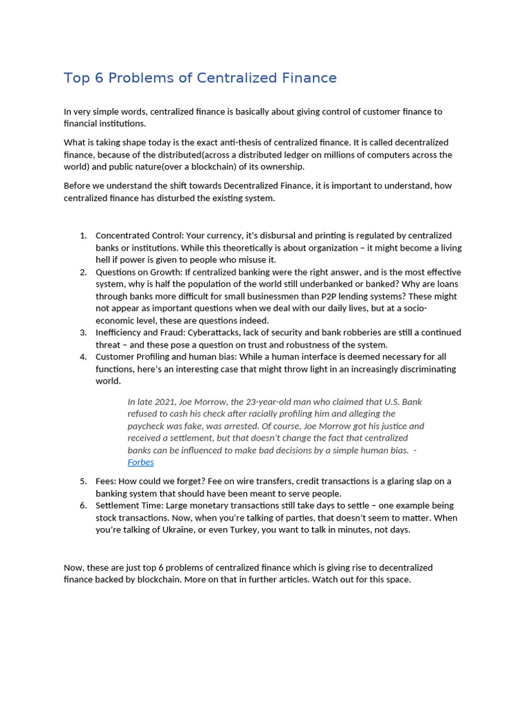 The Problems of Centralized Finance and Origins of de-Fi | PDF | Banks ...