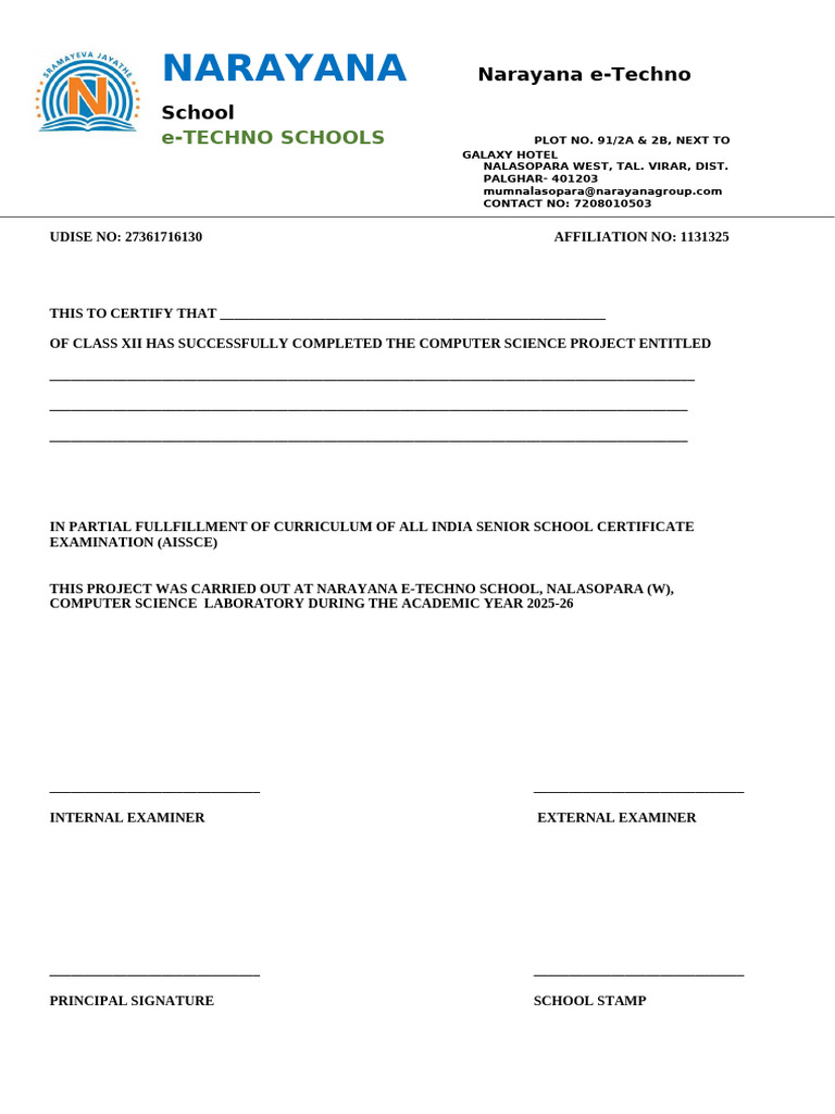 Class XII Computer Science Project Certificate | PDF