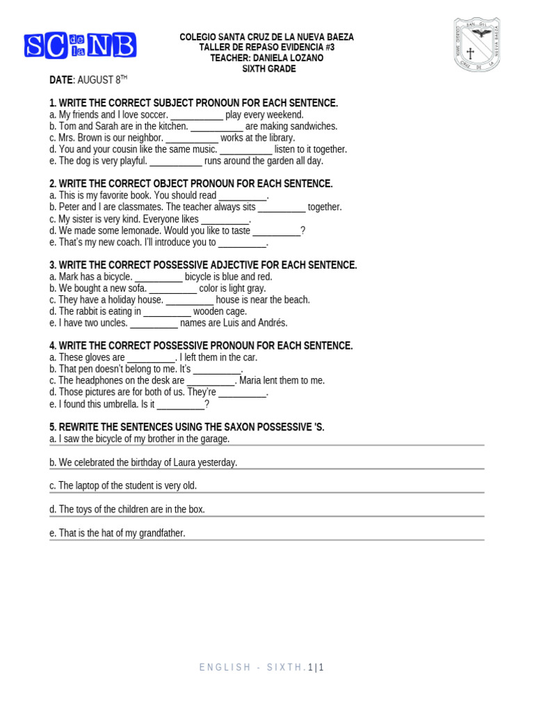 Sixth Grade Pronouns Workshop | PDF