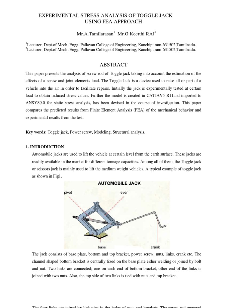 Experimental Stress Analysis of Toggle Jack Using Fea Approach | PDF ...