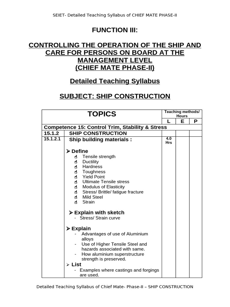 Chief Mate Phase-II Ship Construction Syllabus | PDF | Strength Of ...