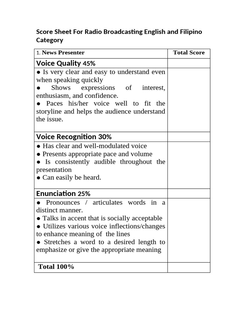 Radio Broadcasting Score Sheet Guide | PDF