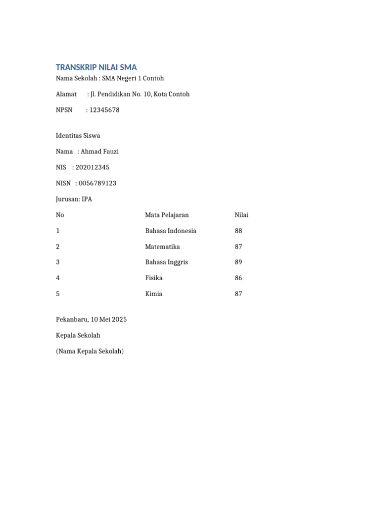 Transkrip Nilai Ahmad Fauzi SMA | PDF