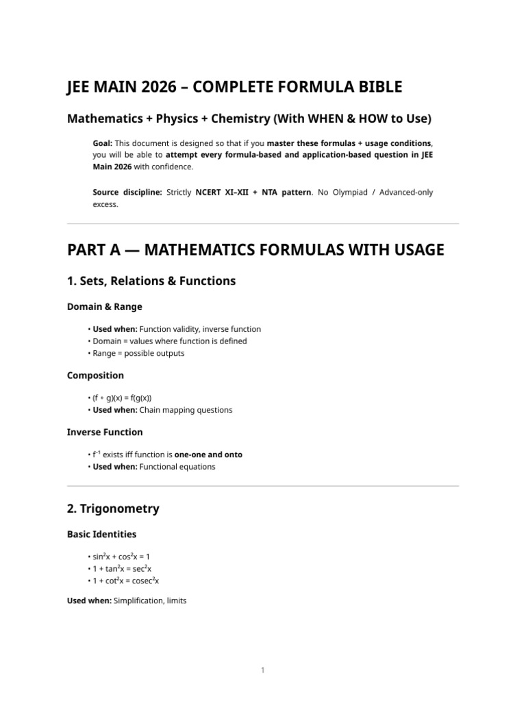 JEE Main 2026 Formula Guide | PDF | Function (Mathematics) | Integral