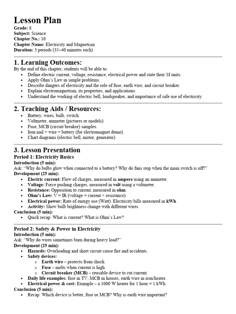 Grade 8 Electricity & Magnetism Lesson Plan | PDF | Electricity | Voltage