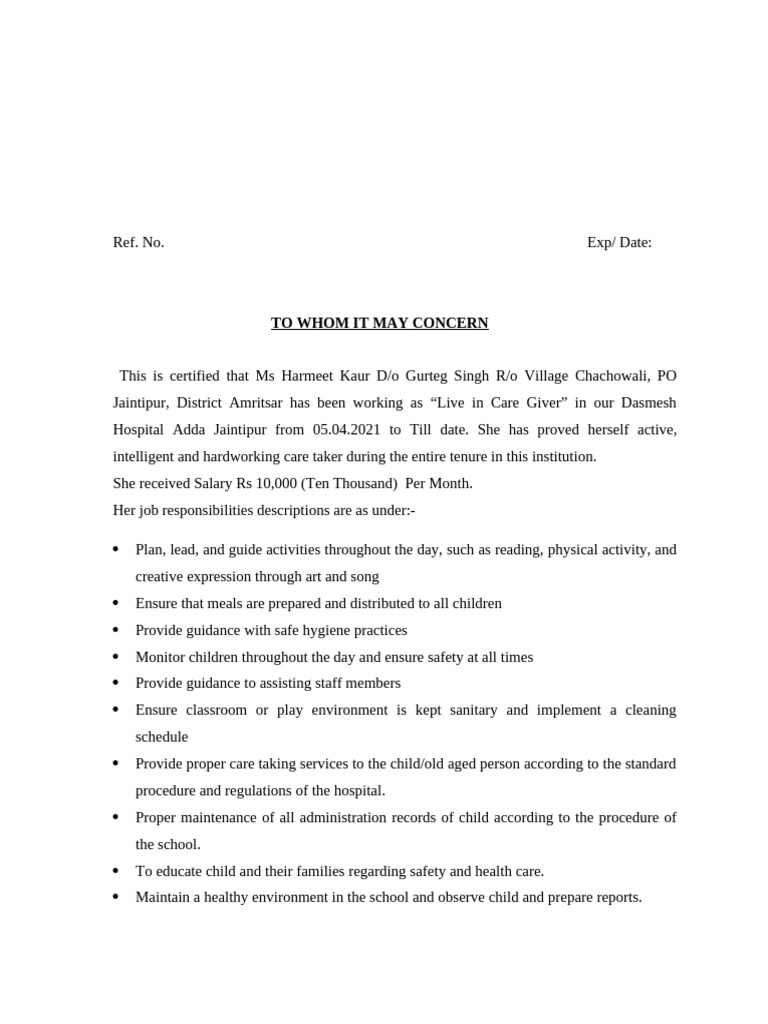 Live-In Caregiver Exp Cert. Raman (1) | PDF
