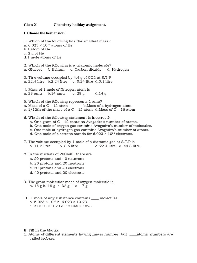 Class X Chemistry Holiday Assignment | PDF | Chemical Reactions | Mole ...