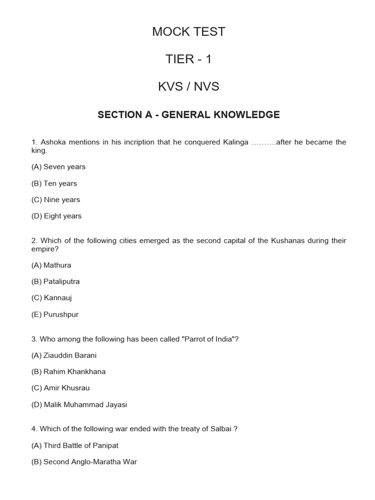 KVS/NVS Tier-1 Mock Test Questions | PDF | Interest | Division ...