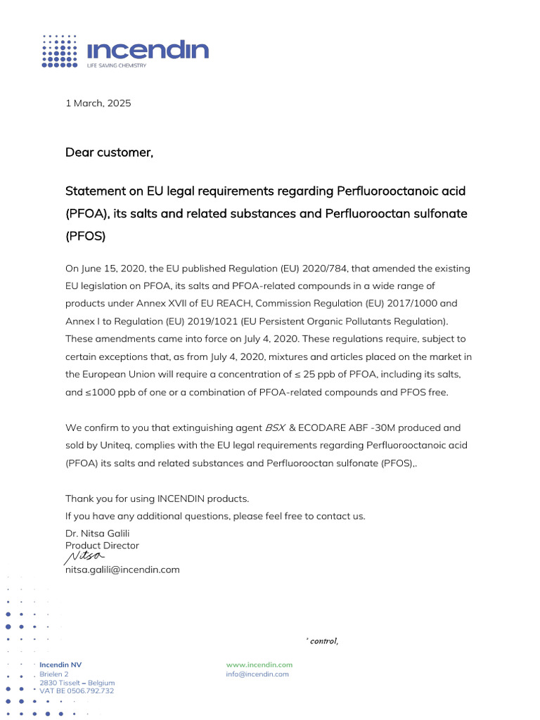 20250301 - PFOA - PFOS Regulation Statment - BSX & Ecodare | PDF