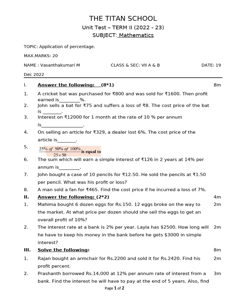 UT-9-Application of Percentage-(Profit & Loss, Simple Interest) | PDF