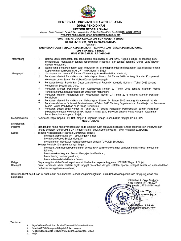 Pembagian Tugas Guru SMK 4 Sinjai 2025 | PDF