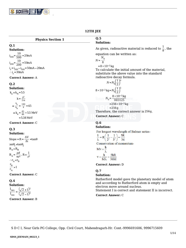 SDSS JEEMAIN 00223 1 Solution PDF | PDF | Applied And Interdisciplinary Physics | Nuclear Chemistry