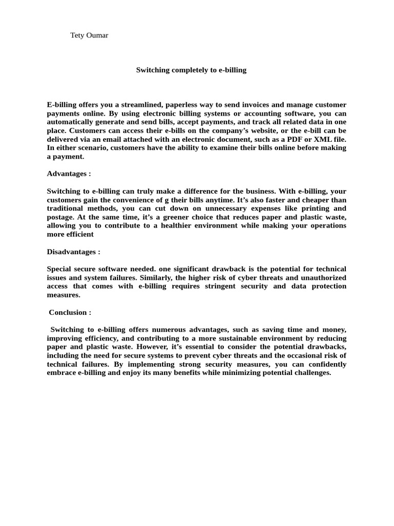 Benefits and Drawbacks of E-Billing | PDF