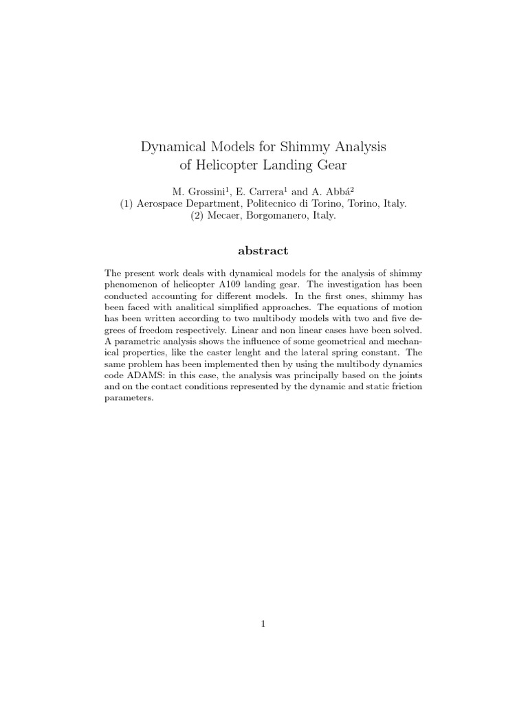 Dynamical Models for Shimmy Analysis of Helicopter Landing Gear | PDF ...