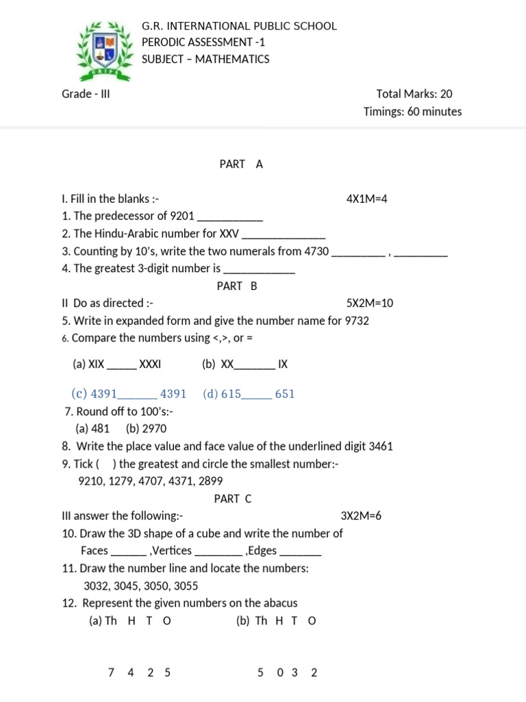 Grade 3 Math Periodic Assessment 1 | PDF