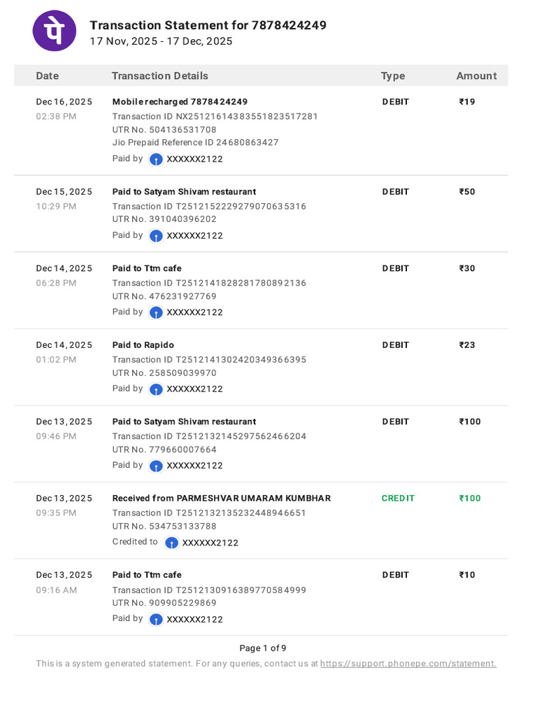Transaction Statement for 7878424249 | PDF | Debit Card | Service ...